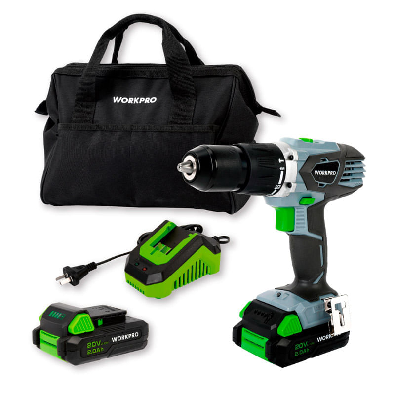 Taladro inalambrico con percutor 20 volt WORKPRO 60Nm + 2 Baterias ...